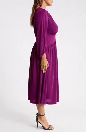 Anne Klein Blouson Sleeve V-neck Midi Dress - Beet