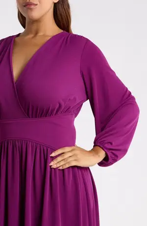 Anne Klein Blouson Sleeve V-neck Midi Dress - Beet