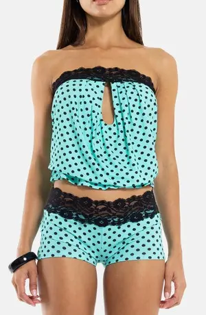 JADED LONDON Polka Dot Strapless Top With Lace Trim