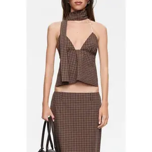 Lioness Play On Plaid Halter Top With Neck Scarf