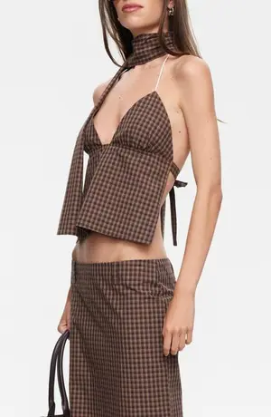 Lioness Play On Plaid Halter Top With Neck Scarf