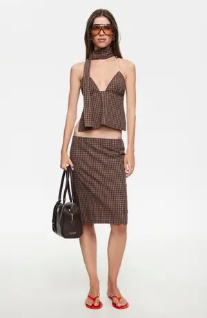 Lioness Plaid Halter Top With Neck Scarf - Chocolate