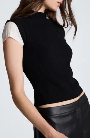 KENNETH COLE Mock Neck Wide Rib Sweater With Short Sleeves