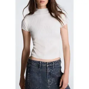 KENNETH COLE Mock Neck Wide Rib Sweater With Short Sleeves - Oyster
