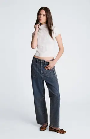 KENNETH COLE Mock Neck Wide Rib Sweater With Short Sleeves - Oyster