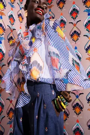 MAISON COMMON Printed Silk Organza Blouse With Flounces - White/blue Multicolo