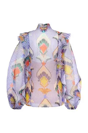MAISON COMMON Printed Silk Organza Blouse With Flounces - White/blue Multicolo
