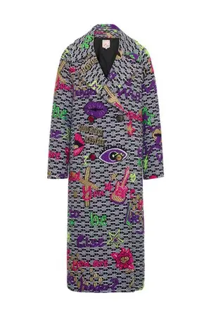 MAISON COMMON Long Tweed Jacquard Coat - Black/multicolour