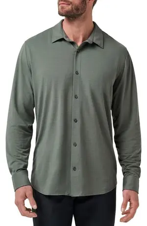 Travis Mathew The Heather Knit Button-up Shirt - Dark Olive