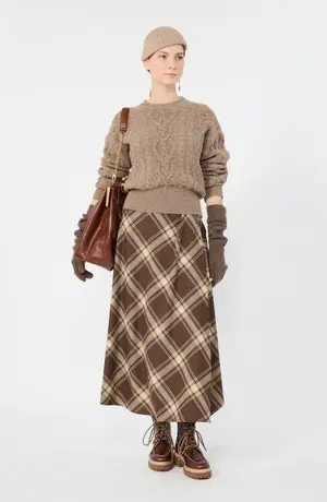 Max Mara Plaid Wool Blend Midi Skirt