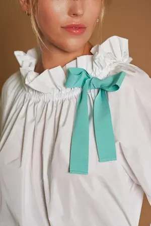 MAISON COMMON Taffeta Blouse With Bloon Sleeves And Bow - White/green