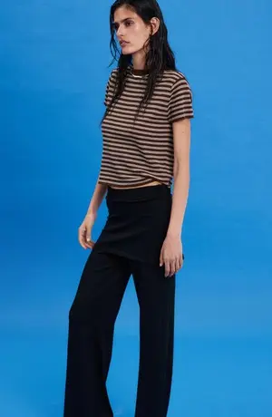 Mango Striped Ribbed Crewneck Short Sleeve Sweater