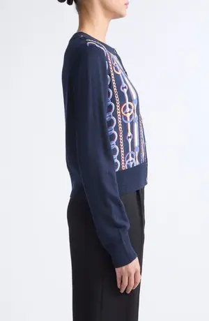 St. John Mixed Media Chain Print Merino Wool Blend Cardigan