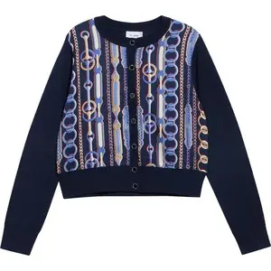 St. John Mixed Media Chain Print Merino Wool Blend Cardigan