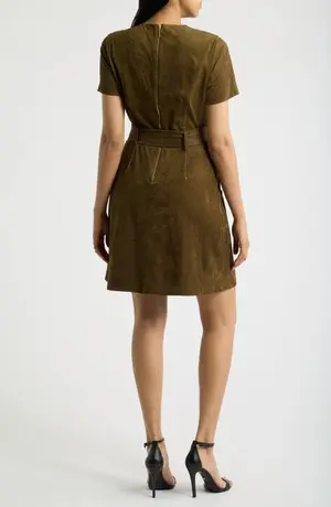 Tahari Faux Suede Belted Dress With Topstitch Detail