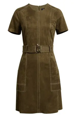 Tahari Faux Suede Belted Dress With Topstitch Detail
