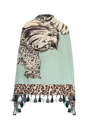 MAISON COMMON Printed And Embroidered Scarf With Tassels In Safari Design - Mint