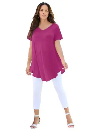 Roaman's Ultra Drape V Neck Swing Tunic Top - Raspberry