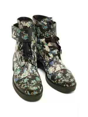 LOUIS VUITTON Floral Print Leather Combat Boots - Black