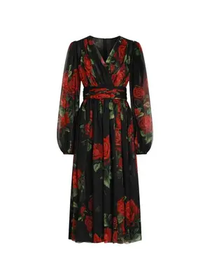 Dolce & Gabbana Chiffon Midi Dress With Rose Print
