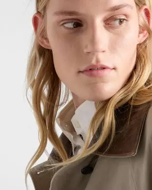 Prada Single-breasted Poplin Coat With Removable Leather Collar - Limestone
