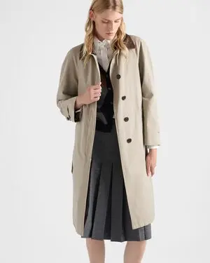 Prada Single-breasted Poplin Coat With Removable Leather Collar - Limestone