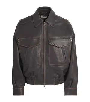 Staud Eugene Distressed Leather Bomber Jacket - Brown