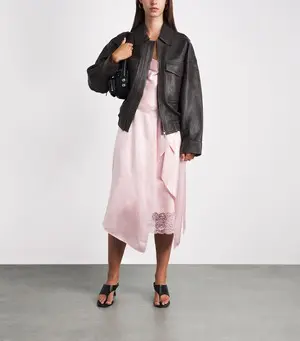 Staud Eugene Distressed Leather Bomber Jacket