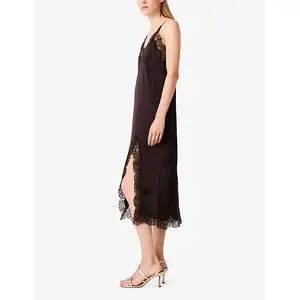 Maje Sleeveless Lace-trim Midi Slip Dress - Dark Brown