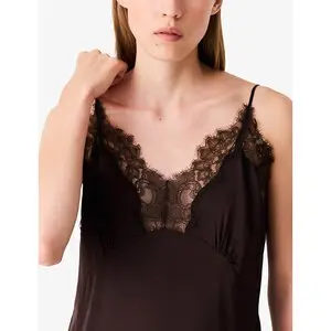 Maje Sleeveless Lace-trim Midi Slip Dress - Dark Brown