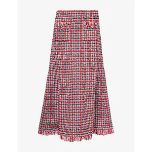 SELF-PORTRAIT Frayed-hem Checked Cotton-knit Midi Skirt - Red