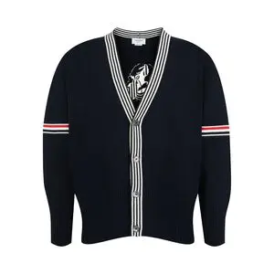 Thom Browne Lobster Jersey Stitch V Neck Cardigan In Cotton With Rwb Stripe - Blue