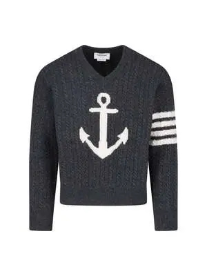 Thom Browne Anchor Intarsia V-neck Cable-knit Sweater - Grey
