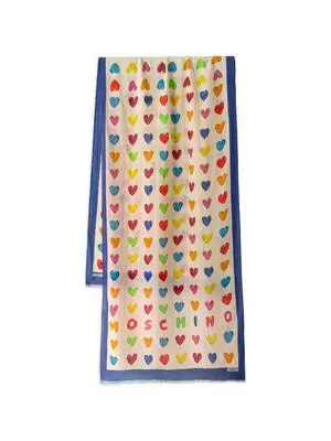Moschino Heart-print Logo-lettering Scarf - Neutrals