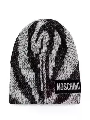 Moschino Logo-patch Zebra-pattern Beanie Hat - Grey
