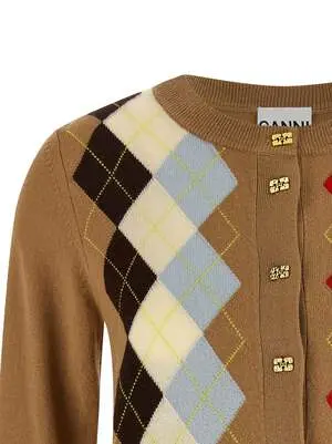 GANNI Argyle Cashmere Blend Cardigan - Cream