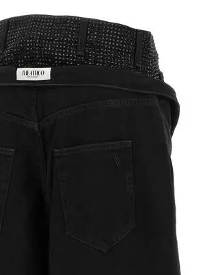 Attico Crystal Embellished Double Waist Wide Leg Cropped Jeans