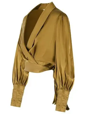Zimmermann Olive Silk Crop Wrap Blouse With Decorative Drapes And Zip Cuffs - Green