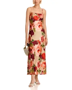 Aqua Printed Satin Cowl Neck Dress