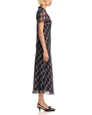 Aqua Plaid Tie Neck Midi Dress