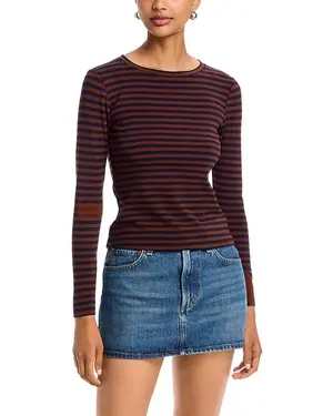 Aqua Stripe Ruched Long Sleeve Top - Brown/navy