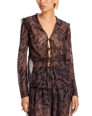 Aqua Animal Print Ruffle Tie Long Sleeve Top