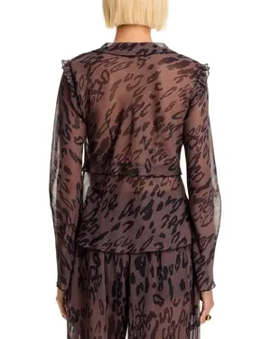 Aqua Animal Print Ruffle Tie Long Sleeve Top