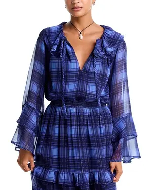 Aqua Plaid Ruffled Tie Neck Blouse