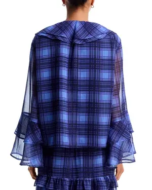 Aqua Plaid Ruffled Tie Neck Blouse
