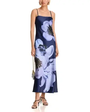Aqua Oversized Floral Stretch Satin Midi Dress