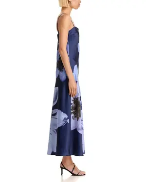 Aqua Oversized Floral Stretch Satin Midi Dress