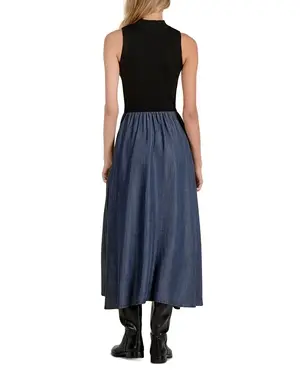 Elan Mixed Media Mock Neck Sleeveless Dress - Navy/ Black