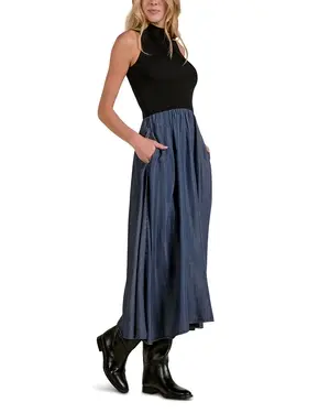 Elan Mixed Media Mock Neck Sleeveless Dress - Navy/ Black