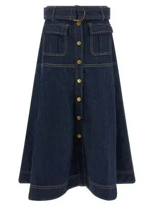 ZIMMERMANN ZIMMERMANN Belted Denim Midi Skirt With Contrast Stitching